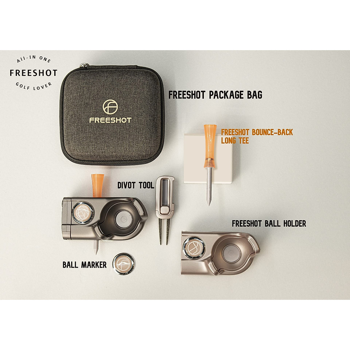 FREESHOT Golf Ball Holder, Divot Tool, Ball Marker, Golf Tee Holder All-in-one Golf Accessory Tool, Best Golf Gift, Stocking-Stuffer, Metal Grey Color