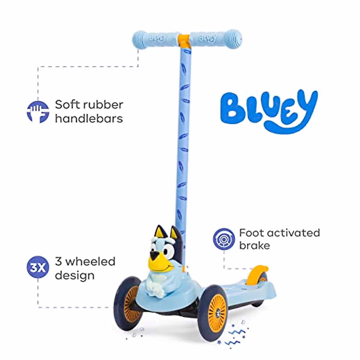 Bluey 3D Self Balancing Scooter for Kids, 3 Wheeled Scooter with Extra Wide Anti-Slip Deck, Rear Brake, Lean to Steer, Lightweight Design, for Boys/Girls 3 and up, 75 LB Limit