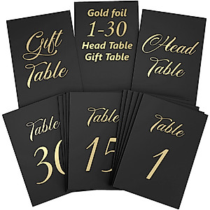 Black Wedding Table Numbers 1-30 with Gold Foil Letters - Table Number Cards 4x6 with Head & Gift Table - Wedding Numbers for Tables Card Stock Wedding Table Numbers for Tables - Wedding Reception