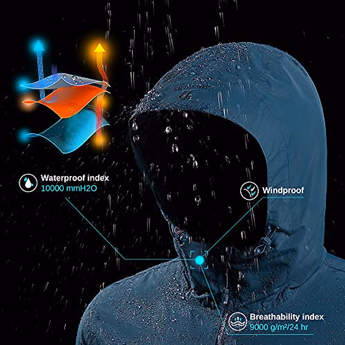 CAMEL CROWN Men's Waterproof Shell Jacket Windbreaker Hooded Rain Coat for Outdoor Hiking Climbing Traveling Blue XL