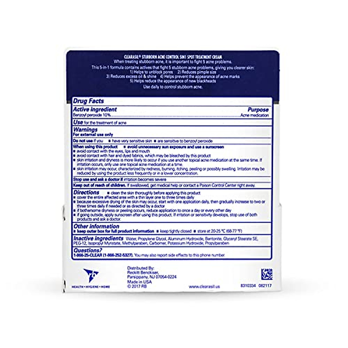 Clearasil Stubborn Acne Control 5-in-1 Spot Treatment Cream with Benzoyl Peroxide Acne Medication to Clear Acne, 1 Ounce (Pack of 3)