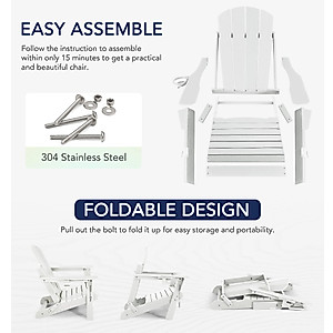 ABCPATIO Folding Adirondack Chair with Footrest - Outdoor Weather Resistant Plastic Adirondack Chairs with Detachable Ottoman, Stackable Seating with Cup Holder for Patio (Seat Width 21.6",White)