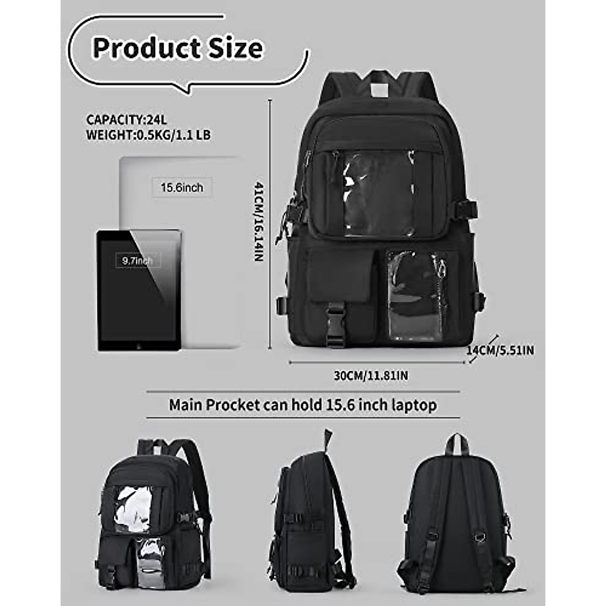 Black School Backpack for Girls Boys Cute Kawaii Lightweight College High School Bookbag for Teens Durable Middle School Students Bags Waterproof Casual Daypack For Men Women