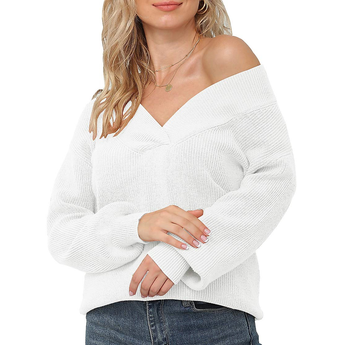 Feiersi Women's Off Shoulder Sweater Long Sleeve Loose Tops V-Neck Pullover Knit Jumper(White,Large)