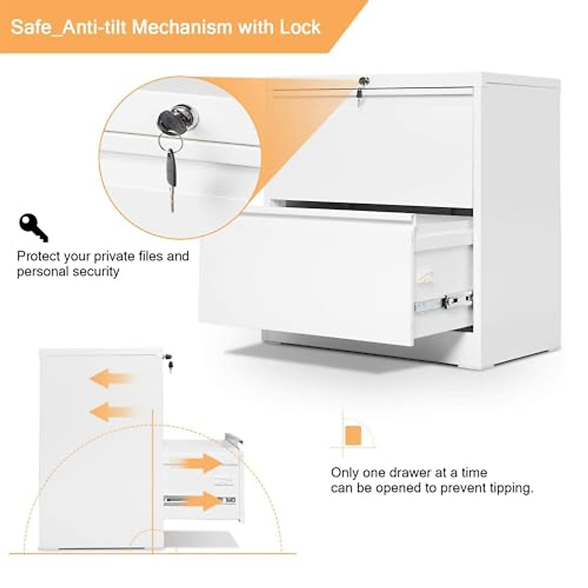 Aobabo 28.25 Inch Long Locking 2 Drawer Anti-Tilt Metal Office Storage Filing Cabinet with File Hanging Bar and 2 Keys, White
