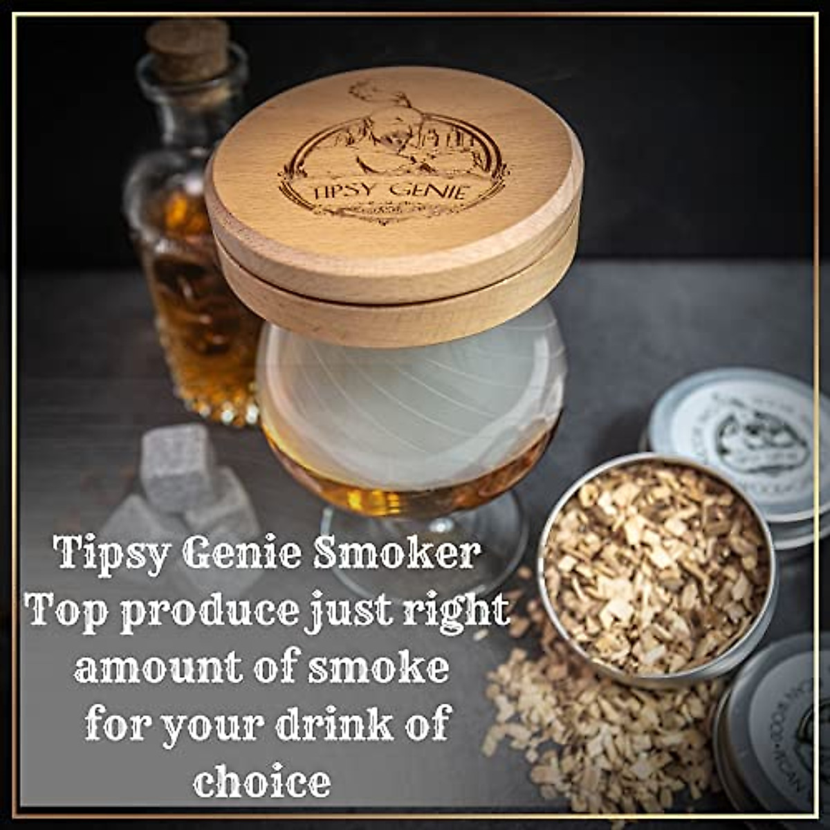 Tipsy Genie Alcohol Infuser Cocktail Smoker Kit with Four Wood Chips for Whiskey, Bourbon, and Cocktails. Old Fashioned Drink Smoker Kit., 6.5x6x2.5