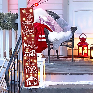 Lighted Wooden Welcome Sign, Merry Christmas Snowflake Elk Porch Sign for Front Door Decorations, Rustic Farmhouse Red Xmas Hanging Signs Wall Sign for Christmas Happy New Year Decor 47.2"H