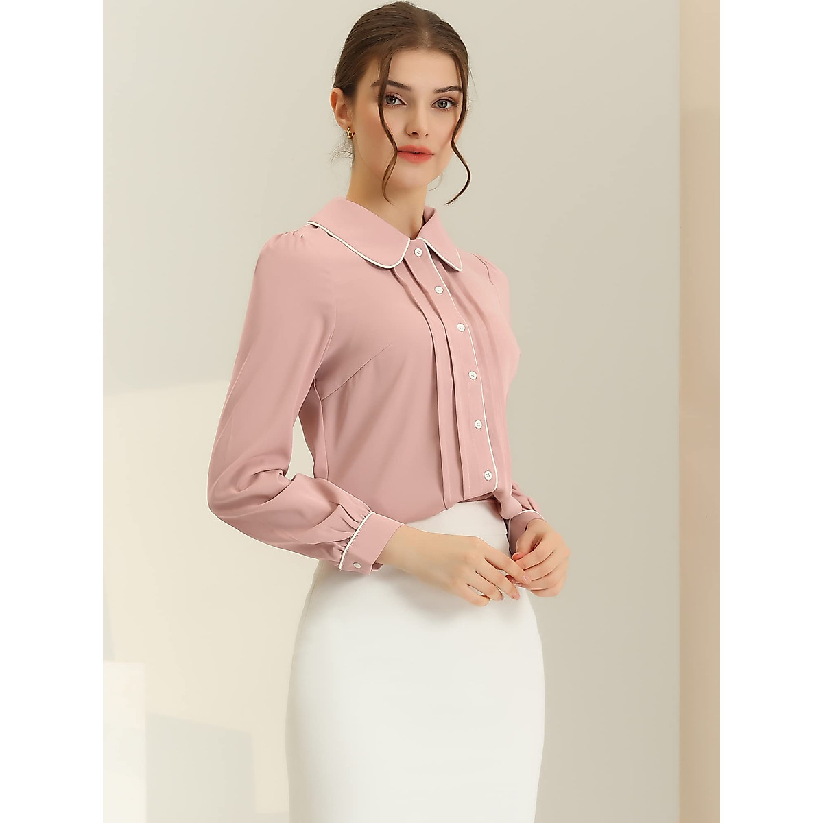 Allegra K Women's Peter Pan Collar Shirt Long Sleeve Elegant Button Down Work Blouse Medium Pink