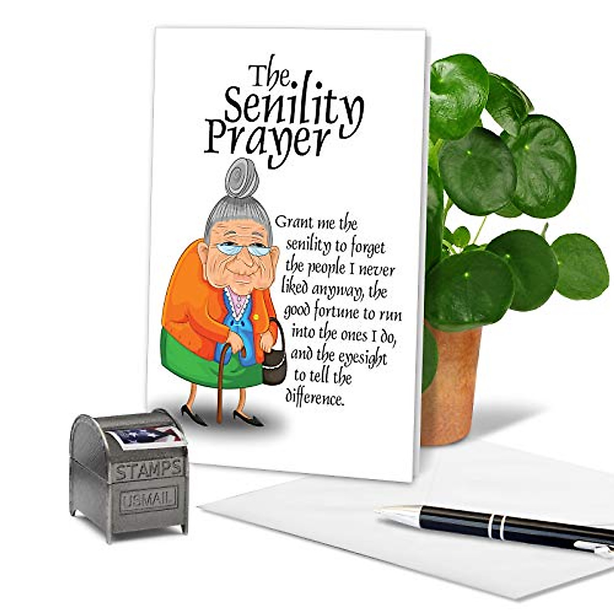 NobleWorks - Funny Happy Birthday Note Card with Envelope (4.63 x 6.75 Inch) - Bday Greeting Card for Women and Men - Congrats Bday Celebration Notecard - Senility Prayer 9046