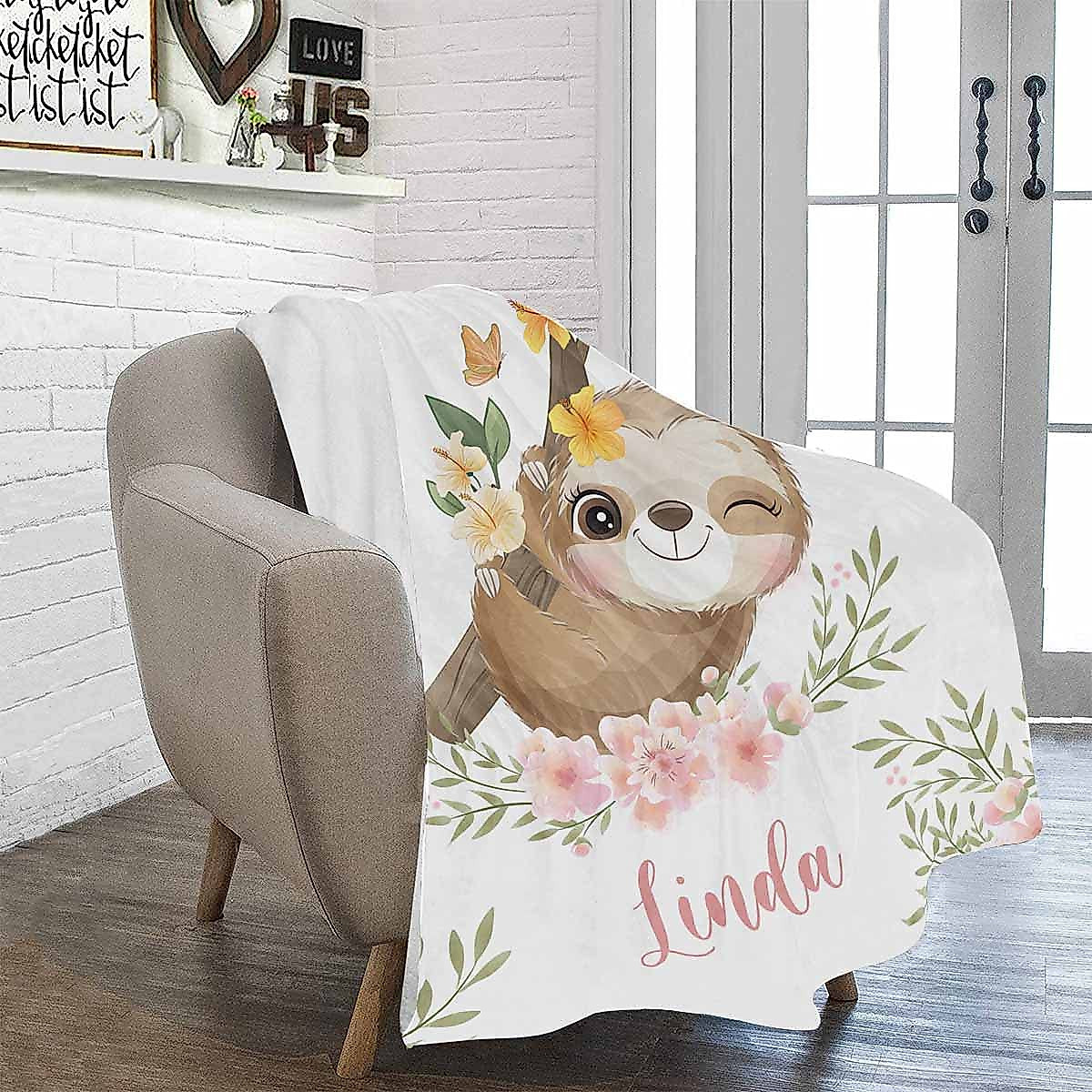 Custom Name Personalized Baby Blankets - Sloth Design for Kids - Soft 50"x60" Throw Blanket