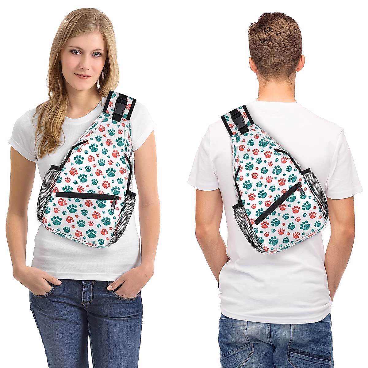 Mularoka Polka Dots Paw Sling Bag Crossbody Sling Backpack for Women Men, Pawprints Travel Hiking Chest Bag Daypack Small Cross Body Sling Bags