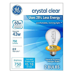 GE Crystal Clear 60W 750 Lumens Energy Efficient General Purpose Halogen Bulbs (2 Bulb Packs) - 24 Pack (48 Bulbs)