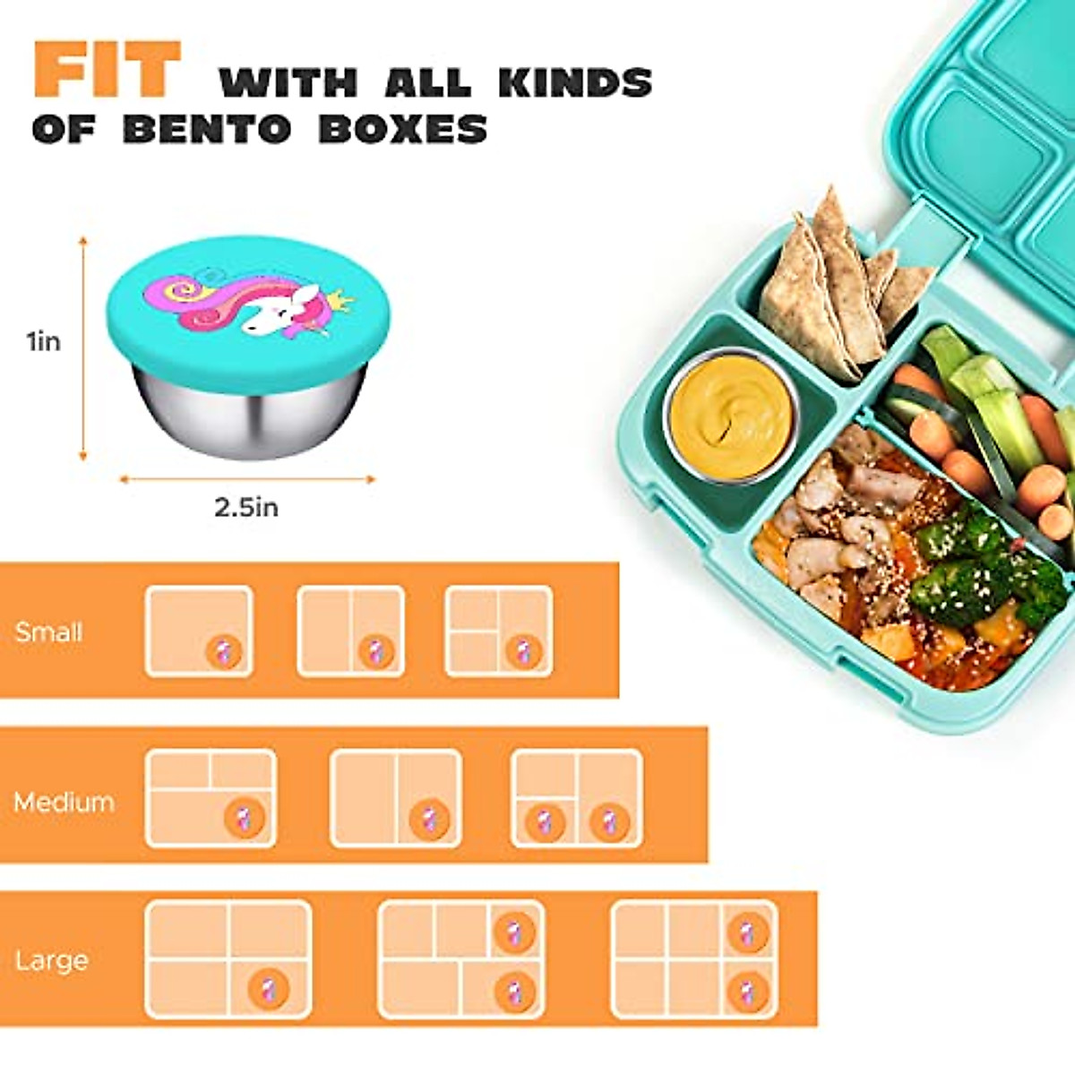 MAIGOZON Salad Dressing Containers To Go, Small Condiment Containers with Lids, Stainless Steel Condiment Cup with Unicorn Leakproof Silicone Lids for Girls Kids Lunch Bento Box, 6PCS