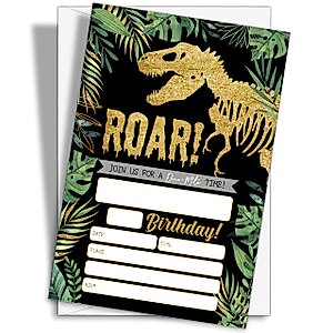 YQV Gold Dinosaur Birthday Party Invitations, 20-Count Jungle Birthday Party Invites With Envelopes-HBYQK-B44