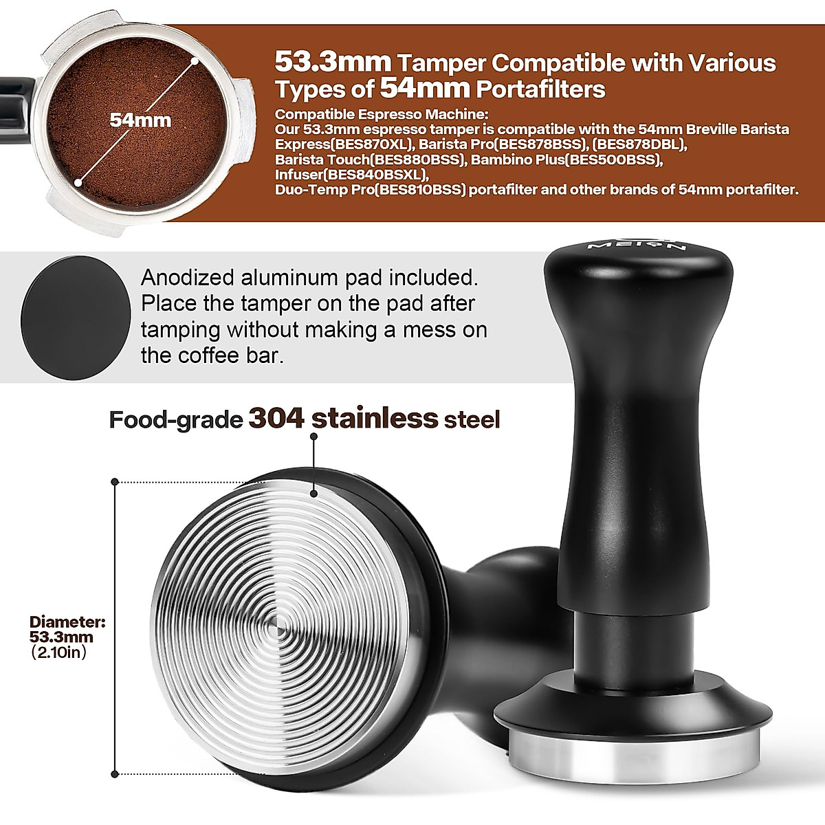 MEION Espresso Tamper 53.3mm Coffee Tamper, Calibrated Dual Spring Loaded Barista Tamper with Stainless Steel Base, Comes with aluminum storage pad (53.3MM, Black)