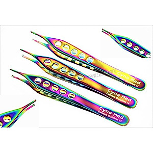 3ea Adson Kocher Tissue Forceps Micro 4.75 Inches 1x2 Teeth German Titanium Rainbow Stainless Steel Dissecting Cynamed