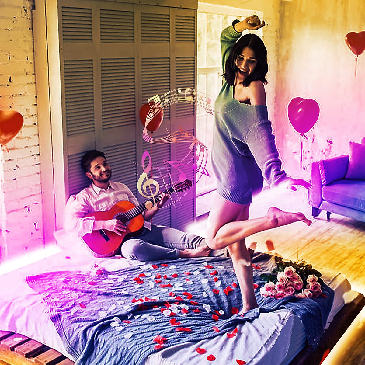 phopollo LED Strip Lights, 50ft (2Rolls of 25ft ) Bluetooth LED Lights for Bedroom, Smart APP Control, Music Sync LED Light Strip, Color Changing with Remote, Flexible Room Lighting Home Decor.