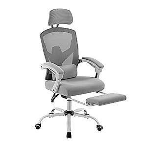 Sweetcrispy Ergonomic Lumbar Pillow and Retractable Footrest, Swivel Rolling Padded Armrests Headrest Height Adjustable Home Office, High Back Reclining Mesh Chair, Light Grey