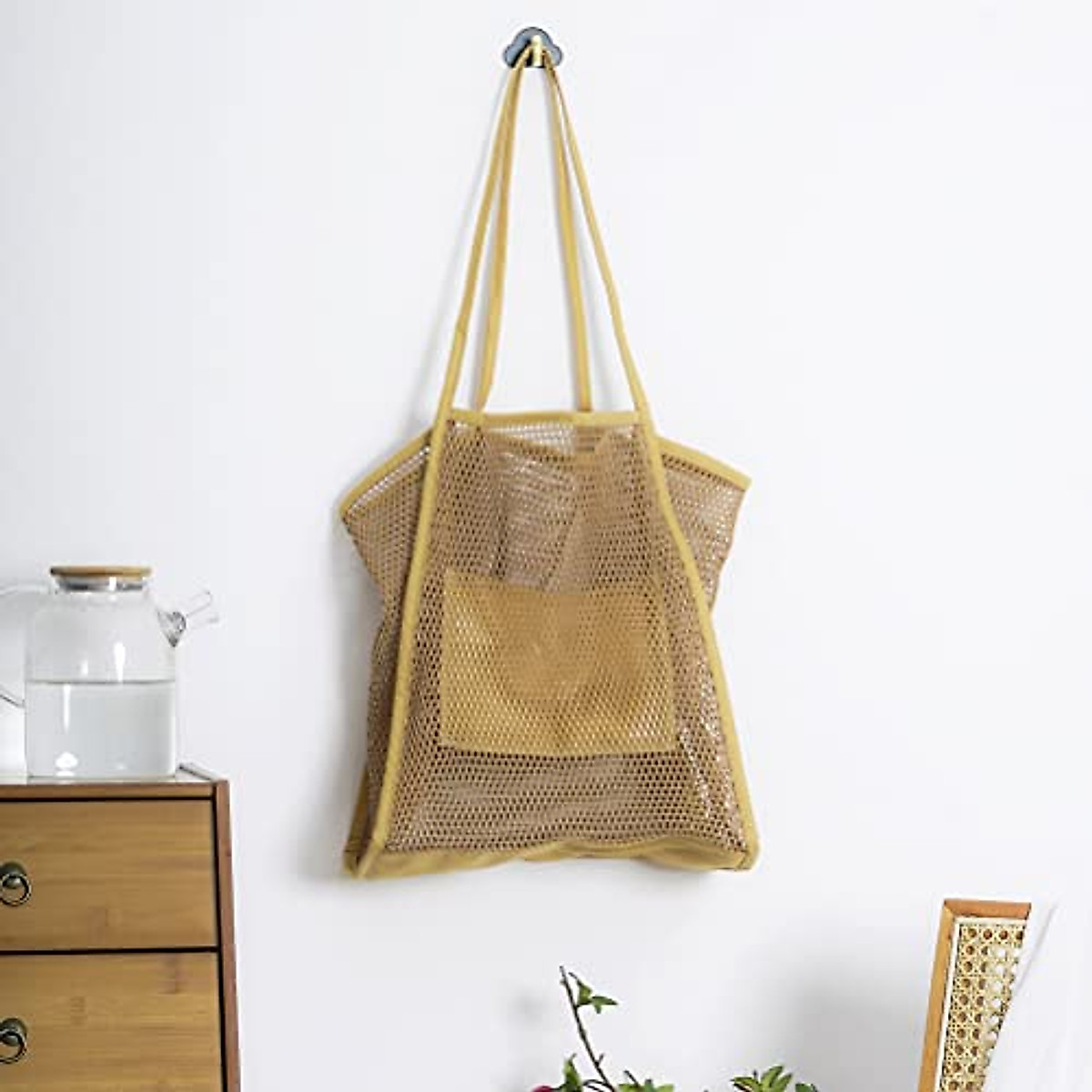 Covelin Women's Beach Tote Bag, Mesh Handbag Top-Handle Shoulder Bag Tan