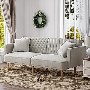 DAMAIFROM Velvet Couch, Futon Sofa Bed, Sleeper Sofa, Loveseat,Mid Century Modern, Adjustable Back Design 75" Couches for Living Room, Bedroom,Office,Small Spaces (Grey)