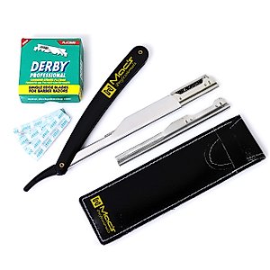 Macs Professional Black Plastic Handle Barber Double Edge Half Blade Barber Safety Razor with Hi-Chromium Derby 100 Count Double Edge Half Blades Made of Stainless Steel Easy To Replace-092B1