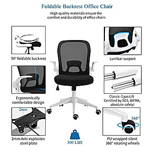 IPKIG Foldable Office Chair - Home Office Desk Chairs with Wheels and Flip-Up Arms - Foldable Backrest Mesh Computer Chair Adjustable Swivel Rolling Home Executive (White)