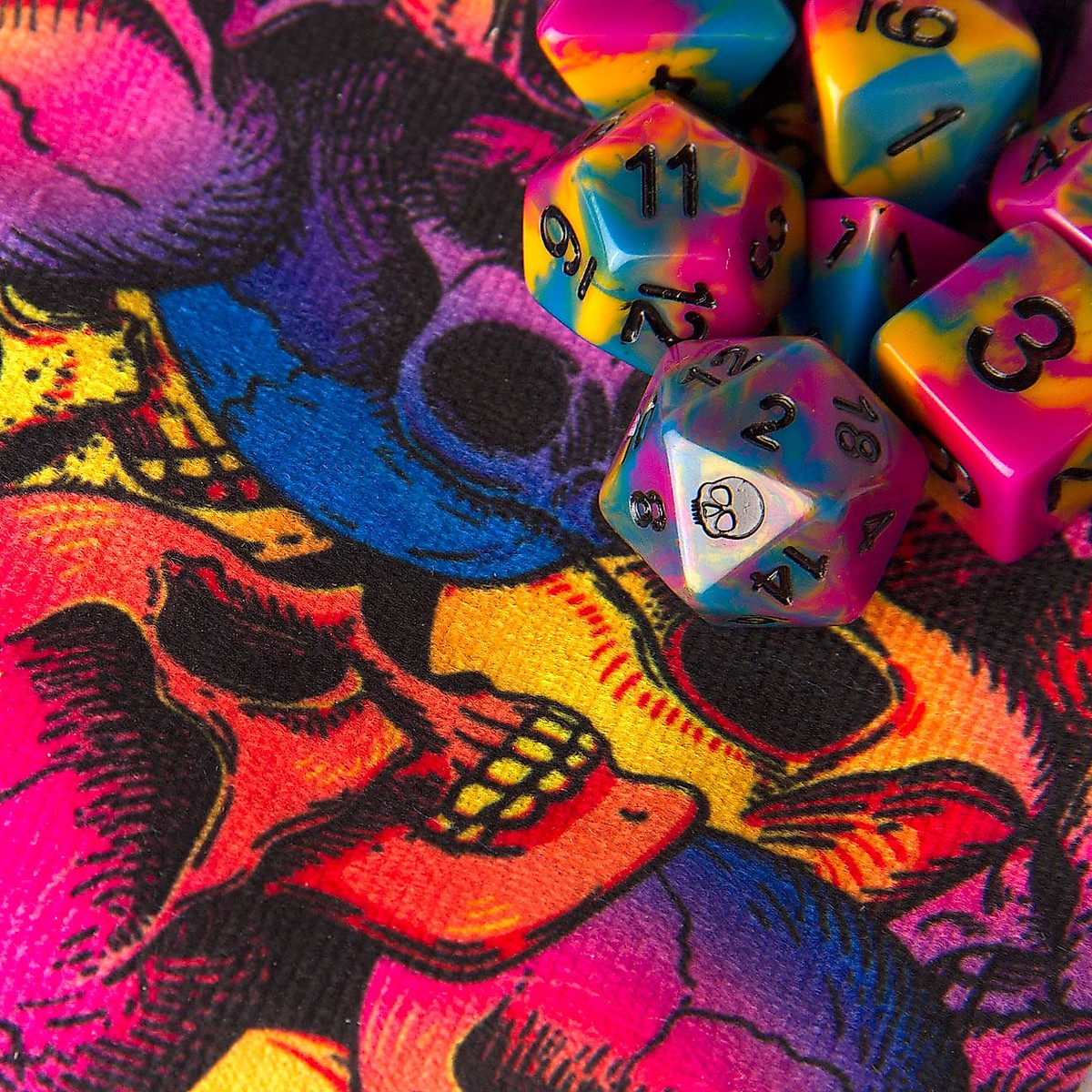Rollooo Rainbow Skull DND Dice Set with Matching Velvet Drawstring Bag for Dungeons and Dragons Role Playing Table Game