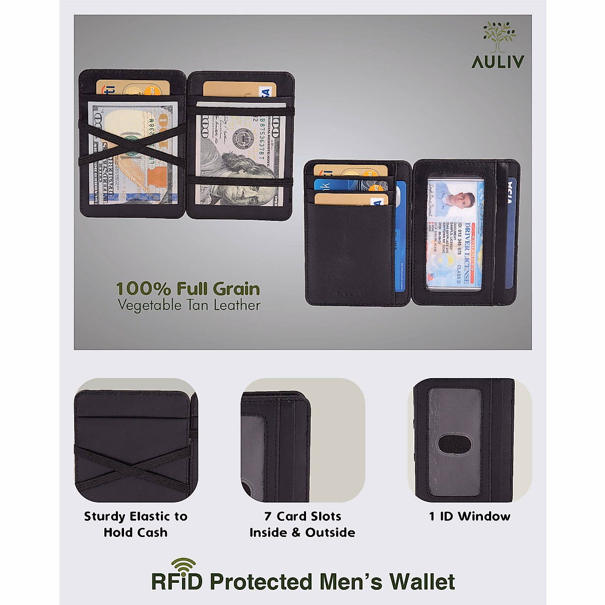 AULIV Card Holder Leather Magic Wallet RFID Blocking Slim Minimalist Front Pocket Credit Card Case for Men Women (Black)