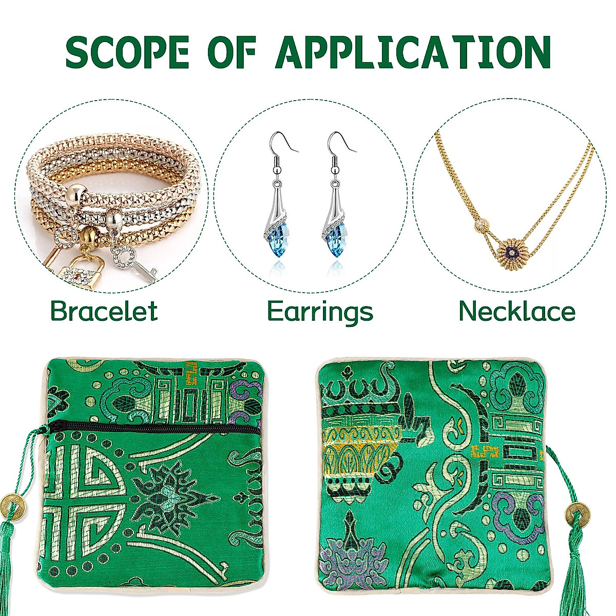 Onukaly 5PCS Jewelry Silk Purse Pouch, Chinese Silk Style Zipper Brocade Embroidered Bag for Women Coin Wallet (Green)