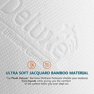 PlushDeluxe Premium Bamboo Mattress Protector – Queen Size, Waterproof, & Ultra Soft Breathable Noiseless Washable Bed Mattress Cover for Comfort & Protection - White