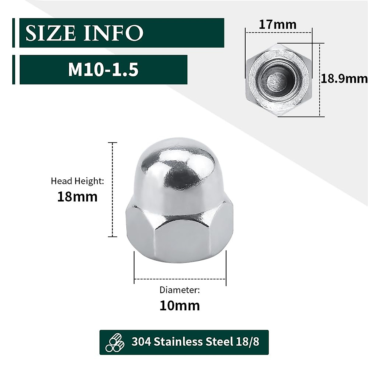 M10-1.5 (20 pcs) Acorn Hex Cap Nuts Metric Dome Head Nuts, 304 Stainless Steel 18-8, Plain Finish, DIN1587