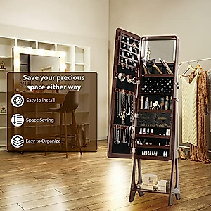 MASMIRE Standing jewelry Armoire organizer,Full Length mirror with storage (Brown, 63 * 14.5)