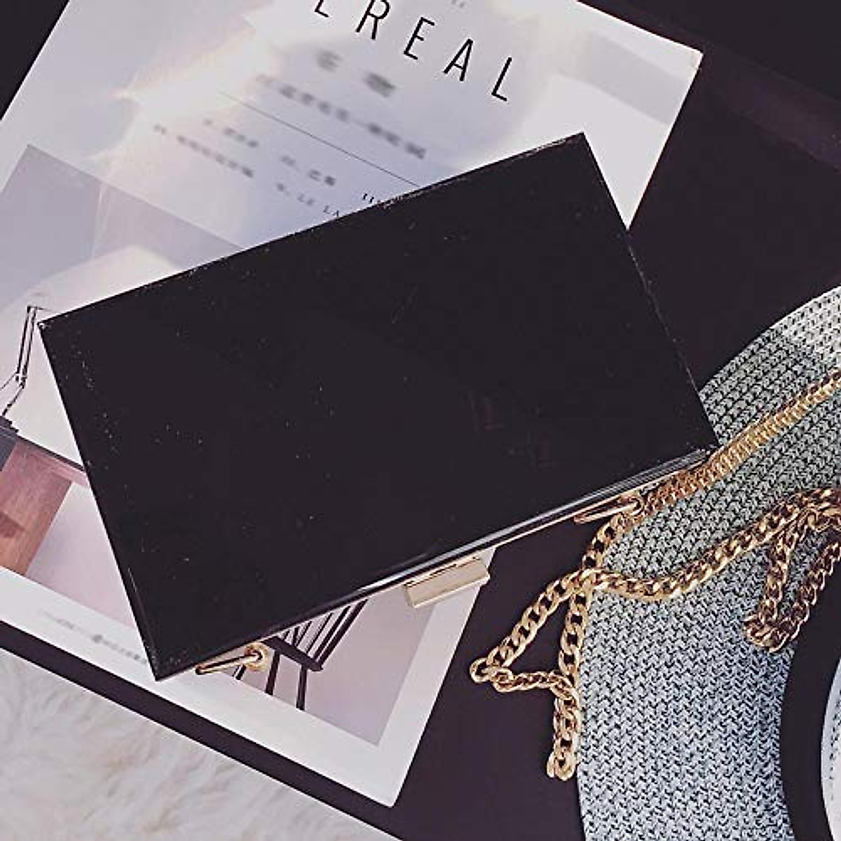 Women Cute Clear Acrylic Box Clutch Bag Transparent Approved Crossbody Purse Evening Bag Shoulder Clutch (Black)