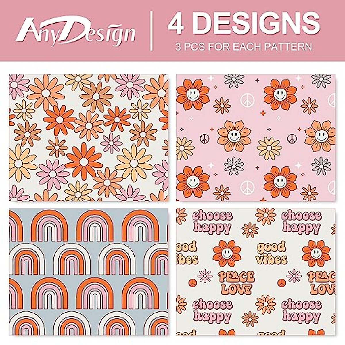AnyDesign 12 Sheet Groovy Wrapping Paper Folded Flat Boho Rainbow Daisy Flower Rainbow Gift Wrap Paper Bulk Retro Art Paper for Birthday Wedding Baby Shower DIY Craft Gift Packing, 19.7 x 27.6 Inch
