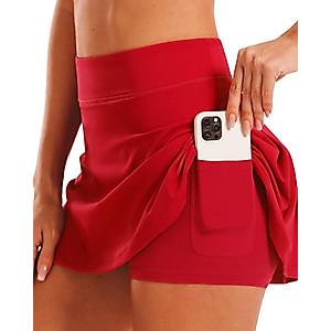 Stelle Women Tennis Skirt Golf Skorts Athletic High Waisted with Pockets Inner Shorts Sport Workout Pleated Pickleball(Red-Nylon-2,M)