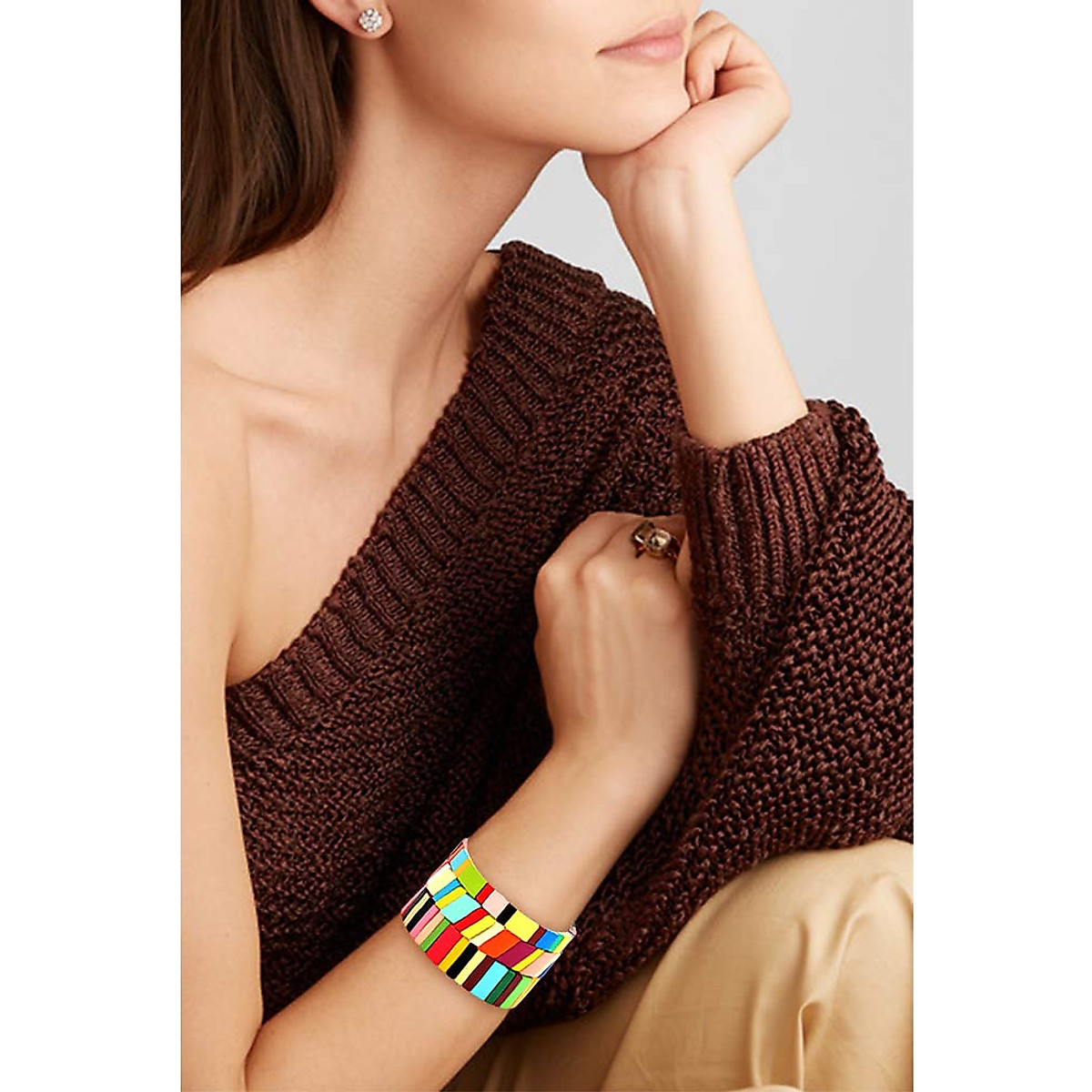 NVENF Tile Bracelets Enamel Rainbow Tile Bead Bracelets Colorblock Stackable Stretch Bracelets Bohemia Tile Strand Bangle Bracelet Set for Women Men