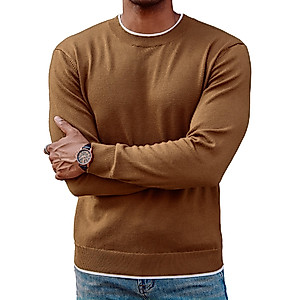 PJ PAUL JONES Mens Casual Crew Neck Sweater Long Sleeve Knitted Sweater Solid Color Wool Knitted Sweater Brown M