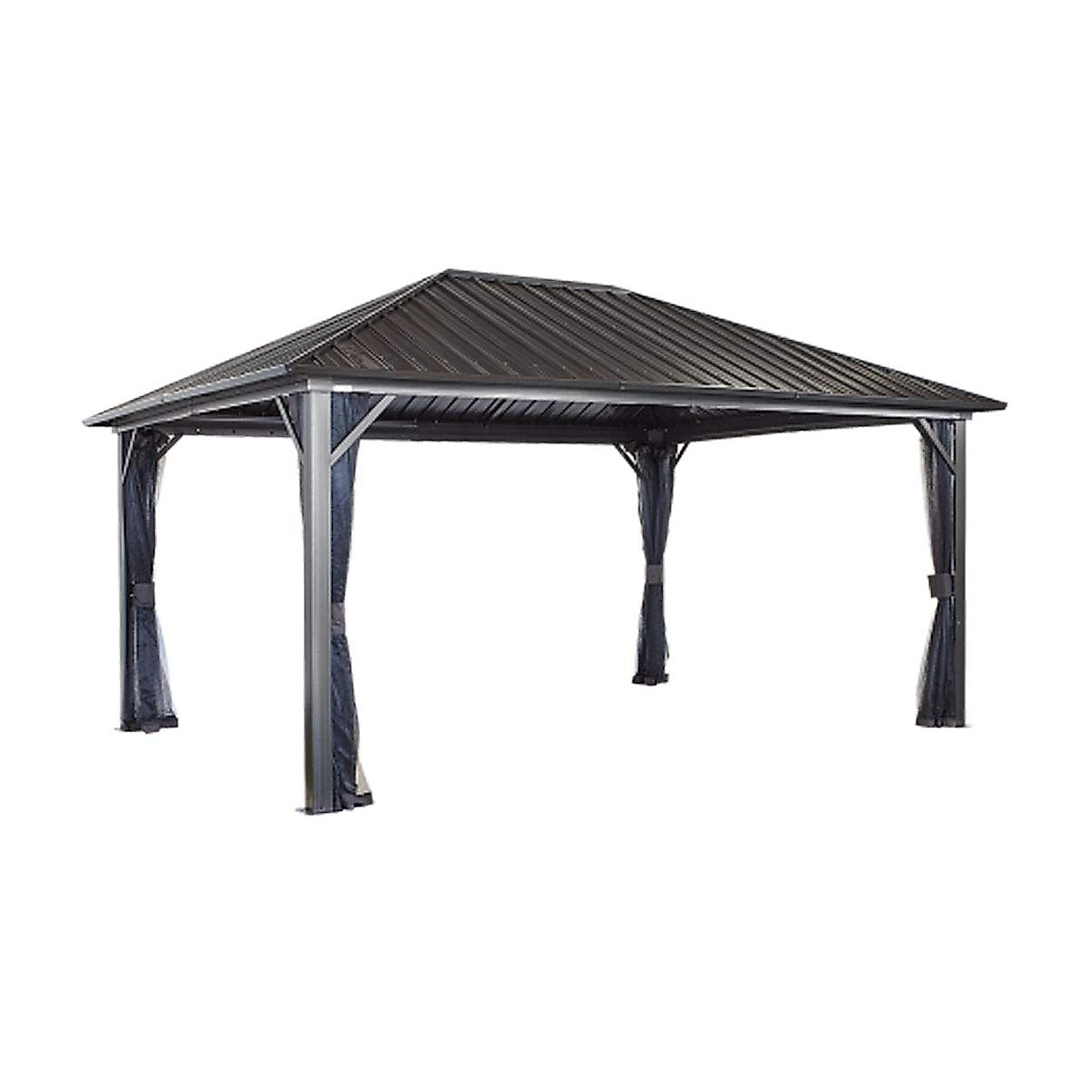 Sojag 12' x 16' Genova II Hardtop Gazebo Outdoor Weather-Resistant Aluminum Frame Shelter with Mosquito Net Black,Brown