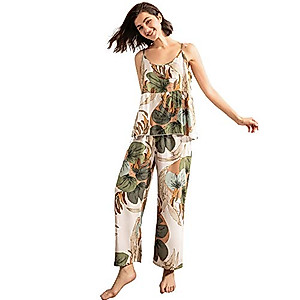 WDIRARA Women's 3 pcs Sleepwear Leaf Print Cami and Pants Pajama Set with Robe Multicolor M