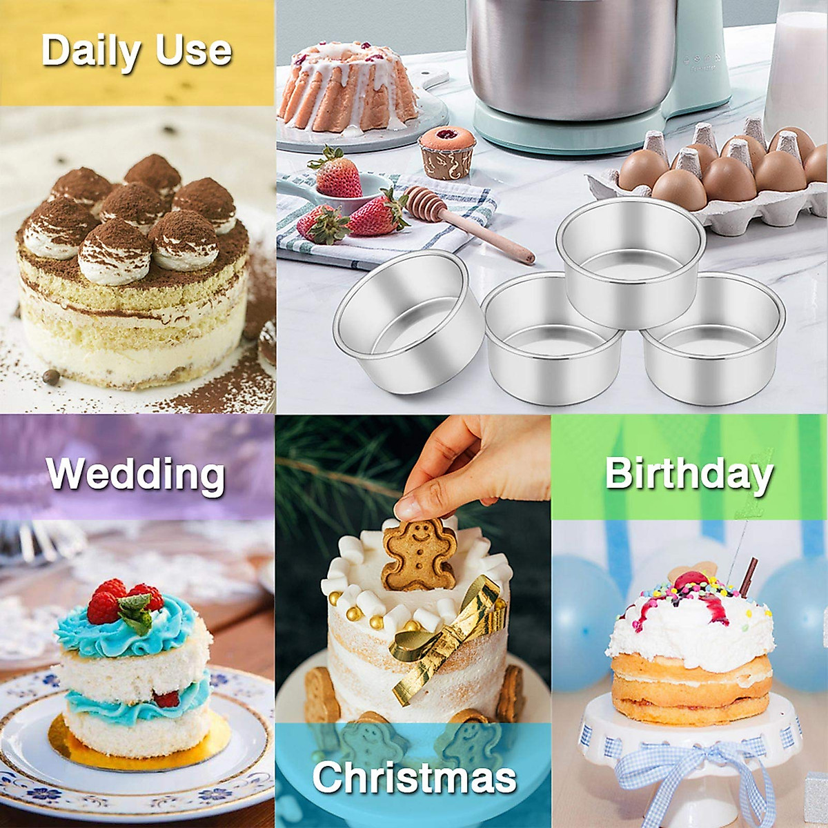 TeamFar 4 Inch Cake Pan, 4 Pcs Mini Cake Pan Round Tier Baking Cake Pans Set Stainless Steel, For Baking Steaming Serving, Healthy & Sturdy, Mirror Finish & Dishwasher Safe