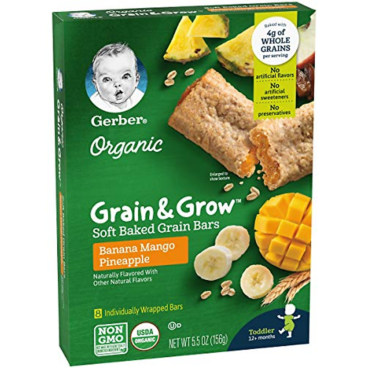 Gerber Organic Grain & Grow Toddler Bars, Banana Mango Pineapple, Soft Baked Grain Bars Toddler Snack, 8 Individually Wrapped Bars/Box (Pack of 2 Boxes)