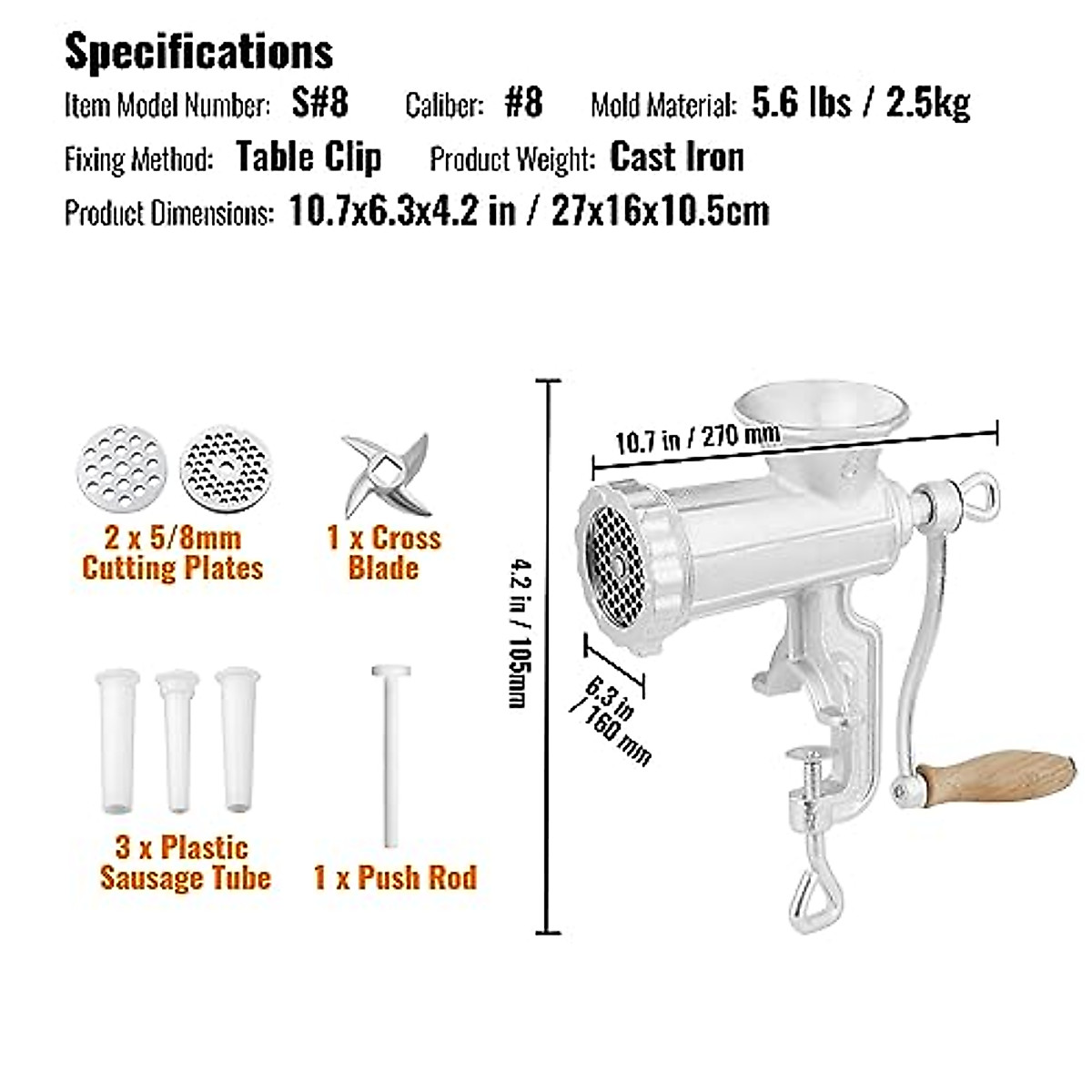 VEVOR Manual Meat Grinder, Heavy Duty Cast Iron Hand Meat Grinder with Steel Table Clamp, Meat Mincer Sausage Maker with 1 Cutting Blade, 2 Cutting Plates, 3 Sausage Tubes for Beef Pepper Mushroom