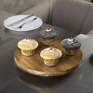 MyGift 13'' Brown Wooden Cake Stand, Premium Acacia Wood Lazy Susan Turntable Tray, 360 Degree Rotating Table Top for Kitchen Organizer and Storage