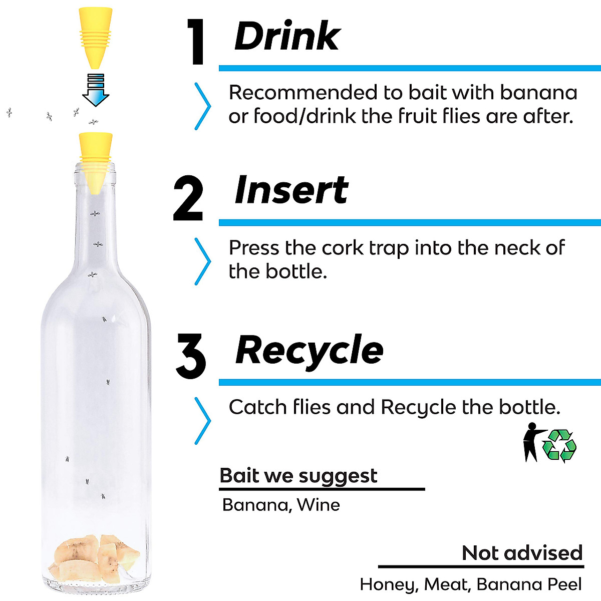 Fly-On-In, Fruit Fly Bottle Top Trap – Reusable Non-Toxic Indoor/Outdoor Catcher (Yellow, 2 pcs)