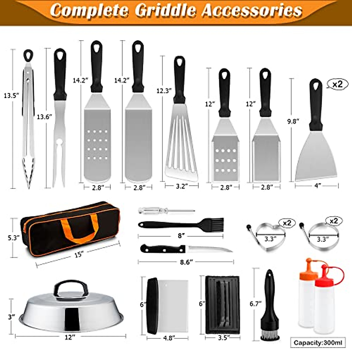 Joyfair 23Pcs Griddle Accessories Kit, Flat Top Grill Spatulas Set with Melting Dome, for Outdoor Camping BBQ, Stainless Steel Grilling Tools, Including Turners Scraper Carrying Bag, Dishwasher Safe