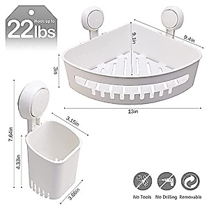 LEVERLOC Corner Shower Caddy Suction Cup & Toothbrush Holder NO-Drilling Removable Bathroom Shower Shelf Heavy Duty Max Hold 22lbs Caddy Organizer Waterproof & Oilproof for Bathroom & Kitchen - White