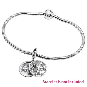 Qina C Sterling Silver Personalized Text & Photo Engraved Message Moon Star Crystal Dangle Bead F/European Charm Bracelet Gift f/Family Friend Wife Daughter