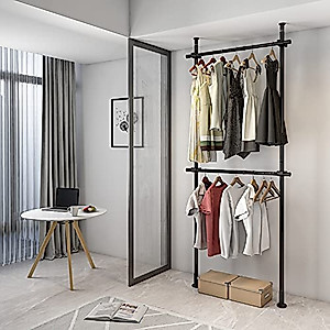 2-Tier Clothing Rack, Industrial Pipe Style Clothes Rail, Heavy Duty Free Standing Garment Racks, Stainless Steel Floor to Ceiling Closet for Store and Home Hanging Clothes, Black