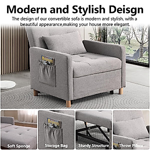 Keainvren Sleeper Chair Bed Convertible Chair Bed Sleeper Pull Out Sofa Bed with Adjustable Backrest Linen Fabric Convertible Chair to Bed with Side Pocket for Bedroom,Living Room, Apartment
