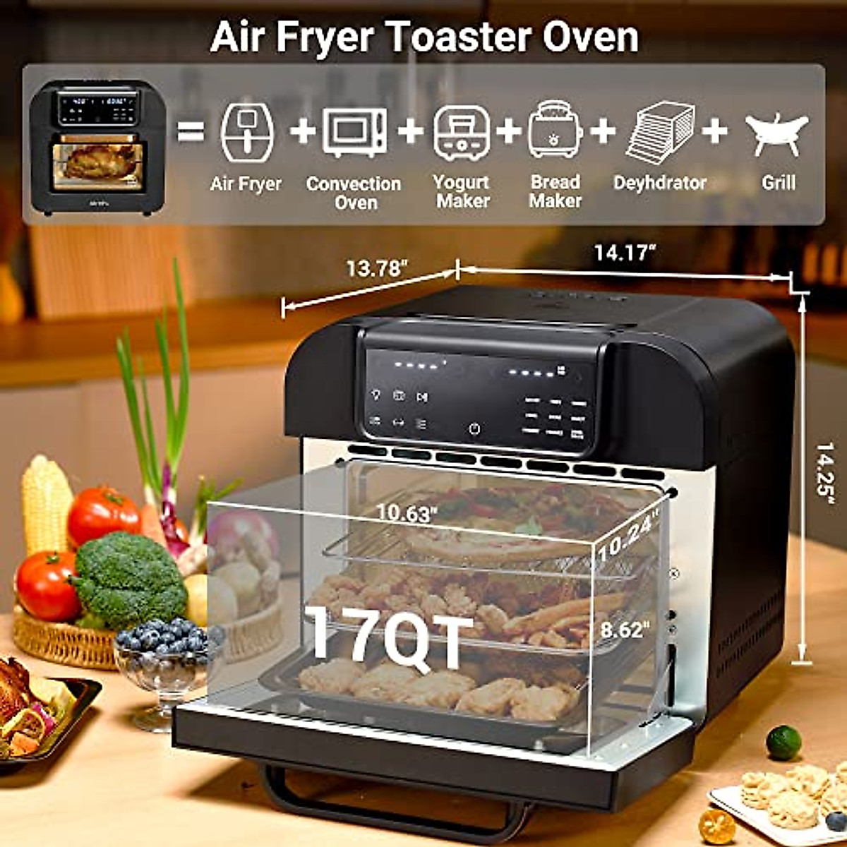 Air Fryer Oven OIMIS, 17QT 9-in-1 Countertop Smart Air Fryer Toaster Oven with Rotisserie, Dehydrator, Digital LED Screen, Countertop Convection Oven, 6 Accessories, 1500w, Black, ETL Certified